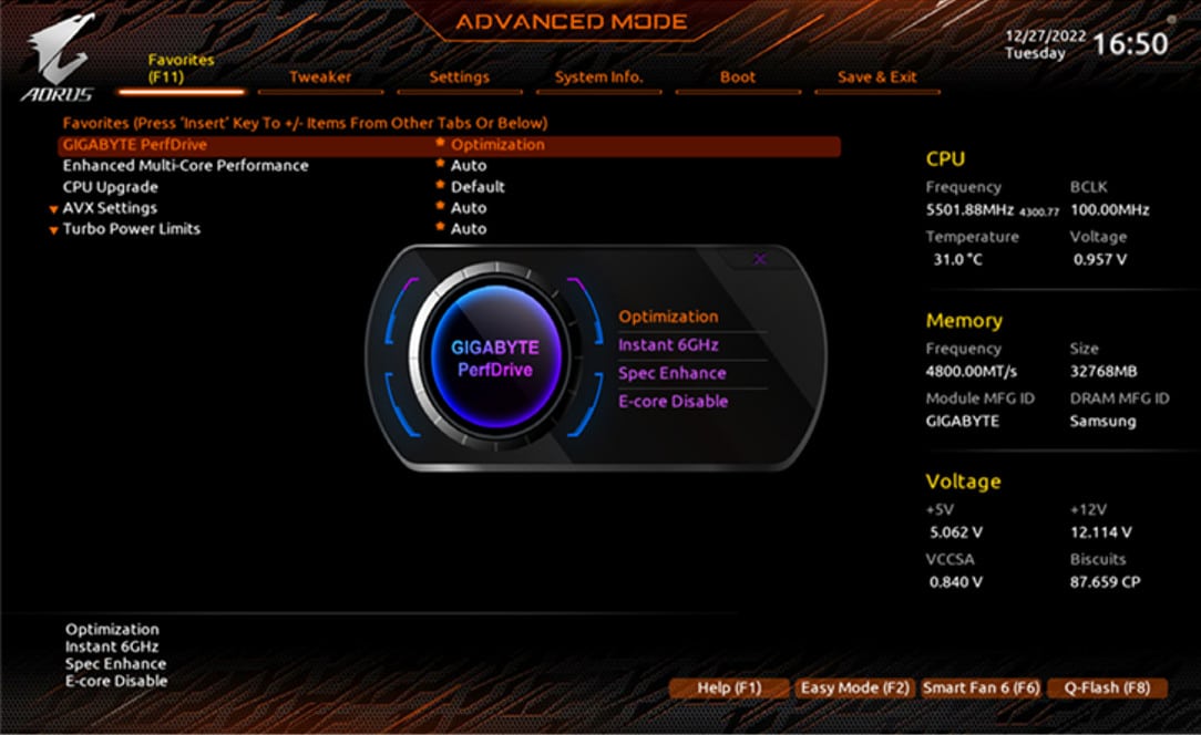 Gigabyte introduce overclocking para Raptor Lake con PerfDrive